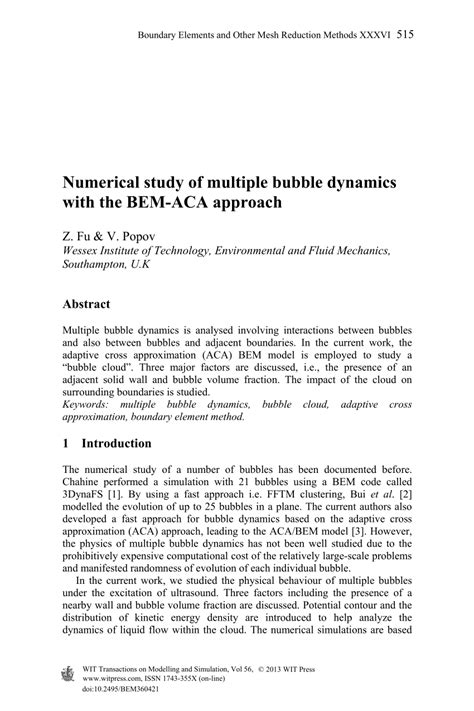 PDF Numerical Study Of Multiple Bubble Dynamics With The BEM ACA Approach