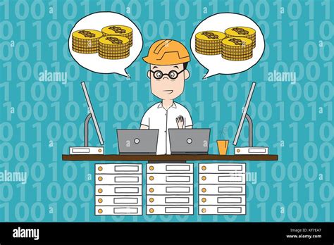 illustration of bitcoin mining over binary background in hand drawing