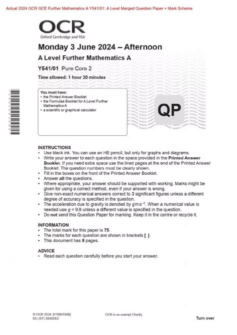 Actual 2024 Ocr Gce Further Mathematics A Y54101 Pure Core 2 A Level Merged Question Paper