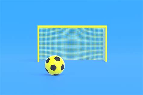 노란색 축구 공과 파란색 배경에 그물과 골 포스트 취미와 레저를위한 게임 국제 토너먼트 챔피언십 스포츠 장비 3d 렌더 3차원 형태에 대한 스톡 사진 및 기타 이미지