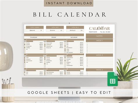 Bill Tracker Calendar Google Sheets Monthly Bill Planner Spreadsheet