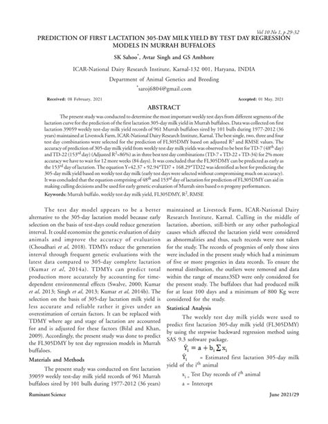 Pdf Prediction Of First Lactation 305 Day Milk Yield By Test Day Regression Models In Murrah