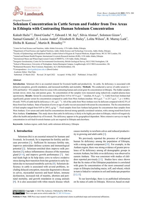 Pdf Selenium Concentration In Cattle Serum And Fodder From Two Areas In Ethiopia With