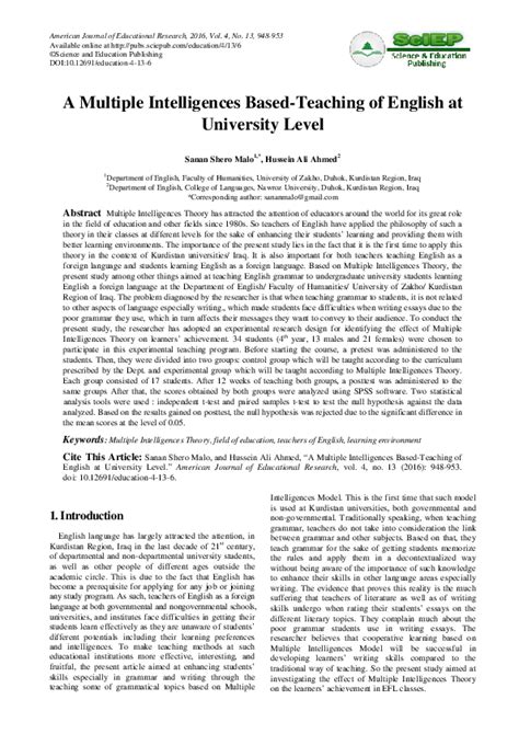 Pdf A Multiple Intelligences Based Teaching Of English At University