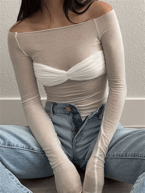 2024 Mesh Long Sleeve Off Shoulder Top White S In Topsandtees Online