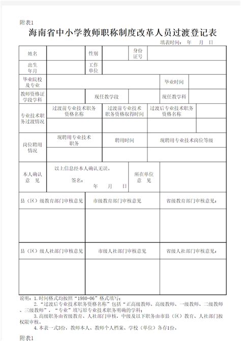 海南省中小学教师职称制度改革人员过渡登记表 文档之家
