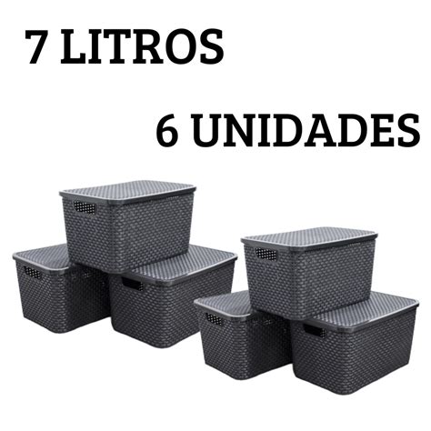 Kit 6 Caixas Organizadoras Cesto Multiuso Rattan 7 Litros Tampa