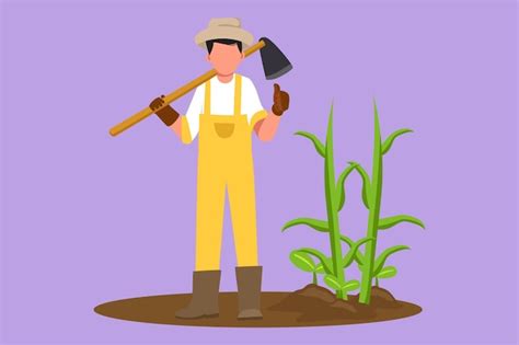밀짚모자를 쓰고 삽을 들고 농지에 농작물을 심기 위해 엄지손가락을 들고 서 있는 남성 농부를 그리는 그래픽 플랫 디자인 농촌 노동자 농업 만화 스타일 벡터 그림 프리미엄 벡터