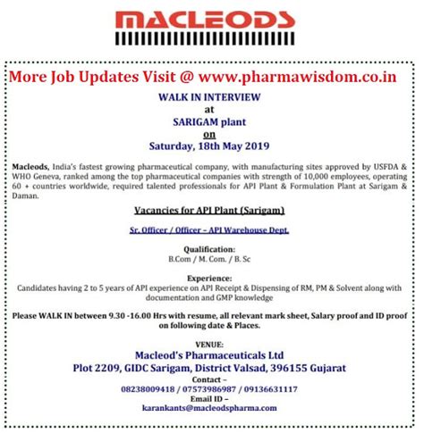 Macleods Pharmaceuticals Walk In Interviews For Warehouse Dept On Th May Sarigam