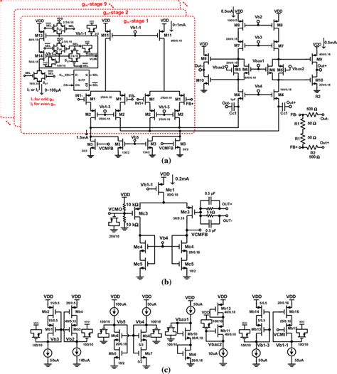 a the fully differential core circuit of the pga b cmfb circuit and c