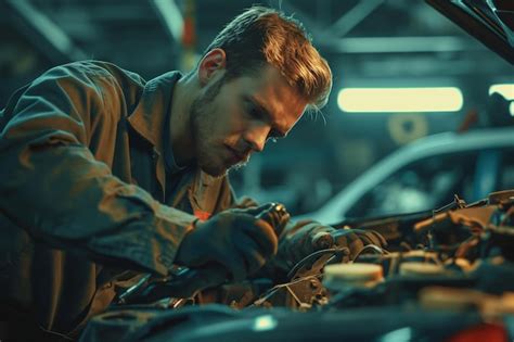 Auto Mechanic Works Under The Open Hood Of A Car Technically Servicing