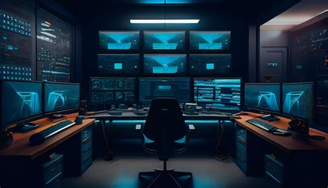 Premium Photo Technologically Advanced Computer Room Multiple Monitors Generative Ai
