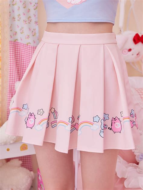 Romwe Kawaii Cartoon Graphic Pleated Skirt Kawaii Skirt Pink Pleated