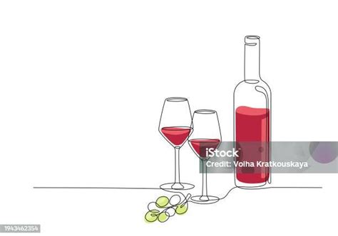 와인 한 병 안경 병 및 포도 연속 한 선 그리기 알코올 와인 잔 유리 제품 과일 및 색상 모양이 있는 병의 단일 선 그리기