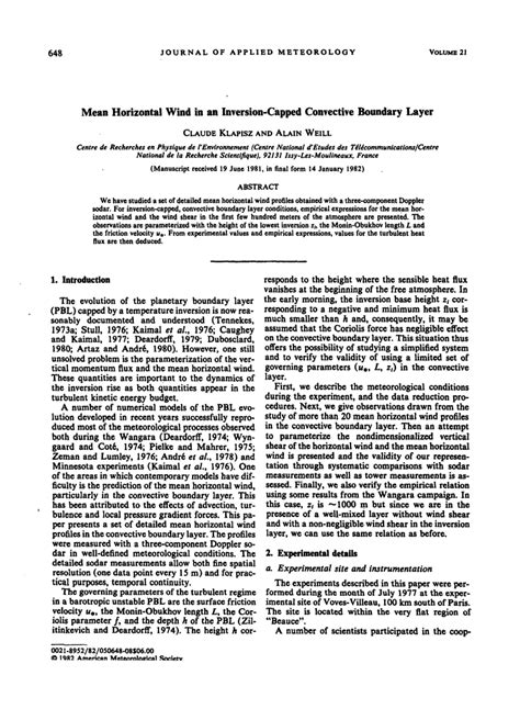 Pdf Mean Horizontal Wind In An Inversion Capped Convective Boundary Layer