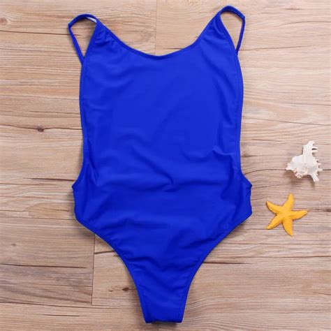 Solid Sexy Thong One Piece Swimsuit Cut Out Monokini Backless Swimwear