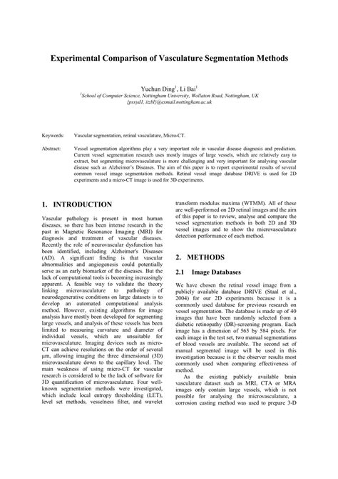 Pdf Experimental Comparison Of Vasculature Segmentation Methods