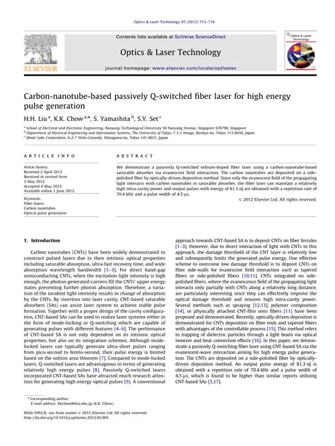 Pdf Carbon Nanotube Based Passively Q Switched Fiber Laser For High