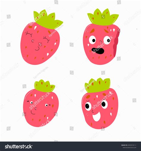 Set Funny Strawberries Different Emotions Isolated Stock Vector