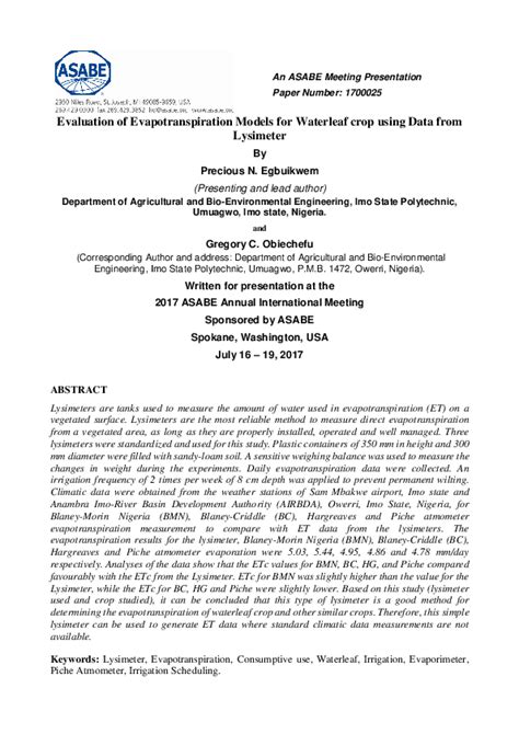 Pdf Evaluation Of Evapotranspiration Models For Waterleaf Crop Using Data From Lysimeter