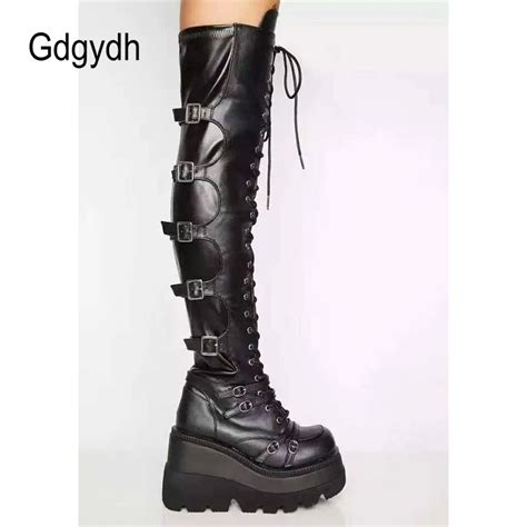 Gdgydh Gothic High Heel Thigh Boots Womens Platform Wedges Cosplay