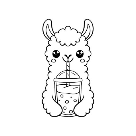 Ilustración simple de una linda llama bebiendo un batido con una pajita