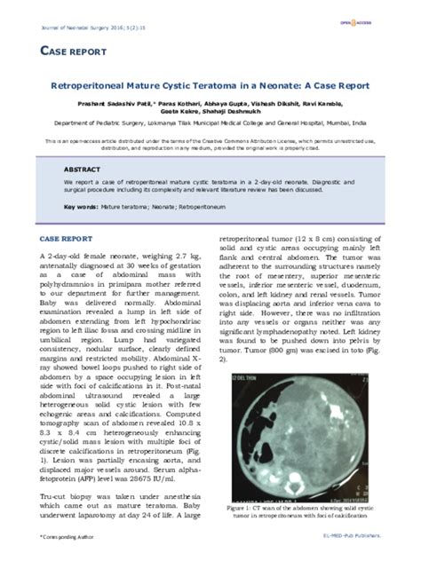 Pdf Retroperitoneal Mature Cystic Teratoma In A Neonate A Case Report