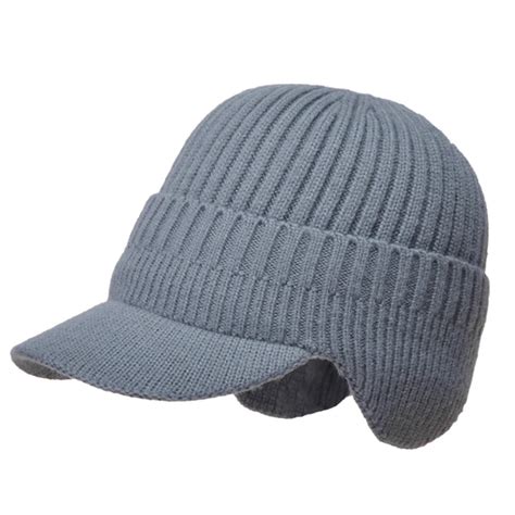 Men Winter Visor Brim Earflap Beanie Hat Knitted Thicken Plush Lined