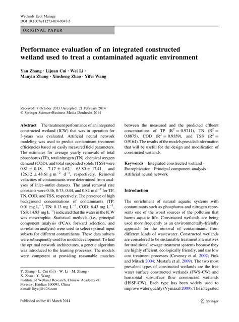 Pdf Performance Evaluation Of An Integrated Constructed Wetland Used To Treat A Contaminated