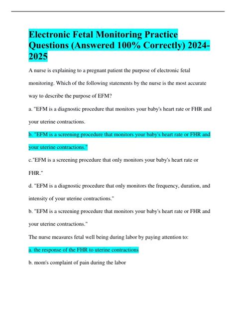 Electronic Fetal Monitoring Practice Questions Answered 100 Correctly