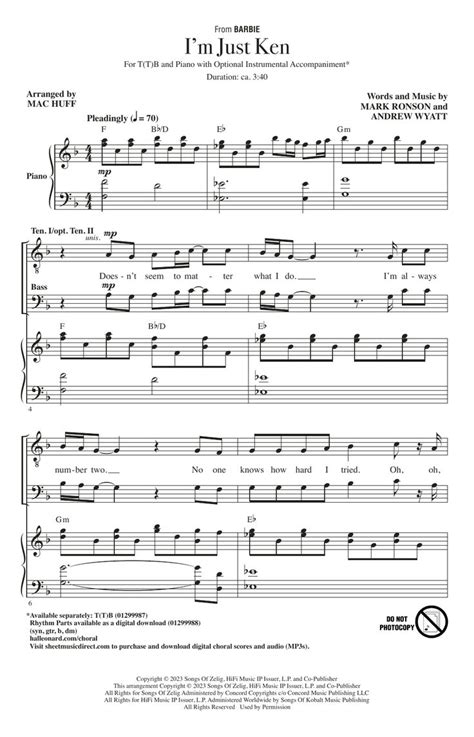 Ryan Gosling I M Just Ken From Barbie Arr Mac Huff Sheet Music