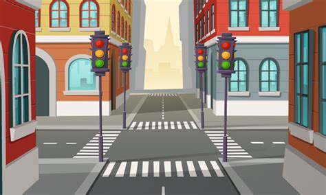 Cartoon City Crossroad With Traffic Lights Vector Image