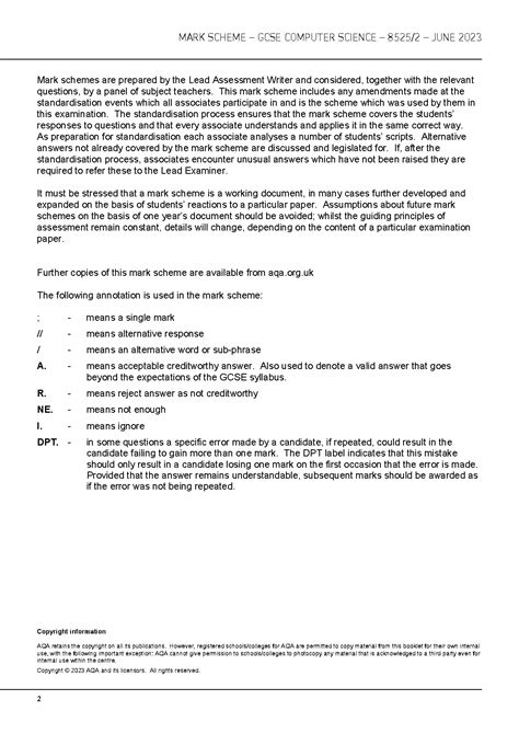 aqa gcse computer science paper 2 2023 mark scheme 8525 2 computing