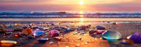 Colorful Sea Glass And Smooth Pebbles On A Sandy Beach At Sunset Stock