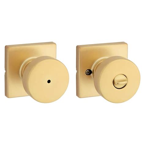 Kwikset Pismo Satin Brass Square Bed Bath Door Knob With Lock Featuring Microban Antimicrobial