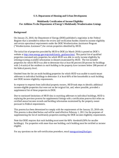 Hud Develops Self Certification For Owners To Show Doc Template Pdffiller