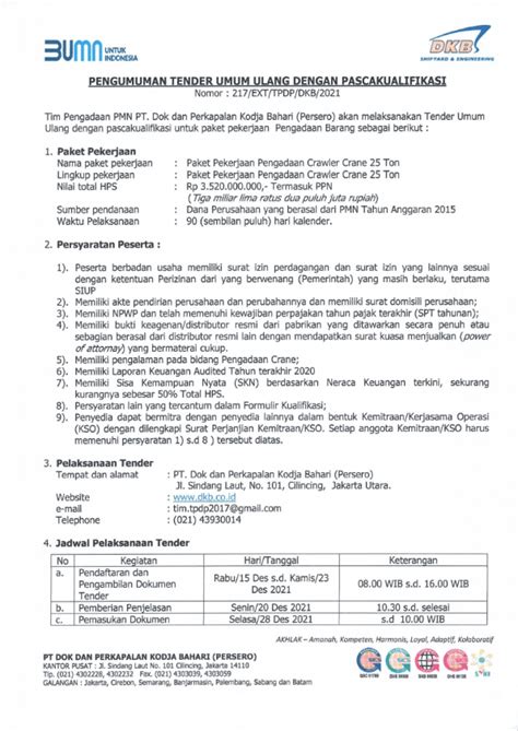 Pengumuman Tender Umum Ulang Pengadaan Crawler Crane 25ton PT DKB