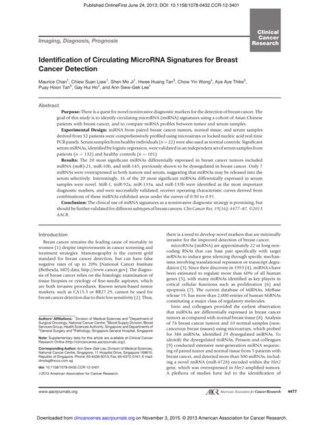 Pdf Identification Of Circulating Microrna Signatures For Breast