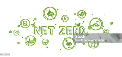 순 제로 및 탄소 중립 개념 온실 가스 순 제로 배출 목표 녹색 그물 제로 아이콘과 녹색 원 낙서 배경에 녹색 아이콘이 있는 기후 중립 장기 전략 이산화탄소에 대한 스톡