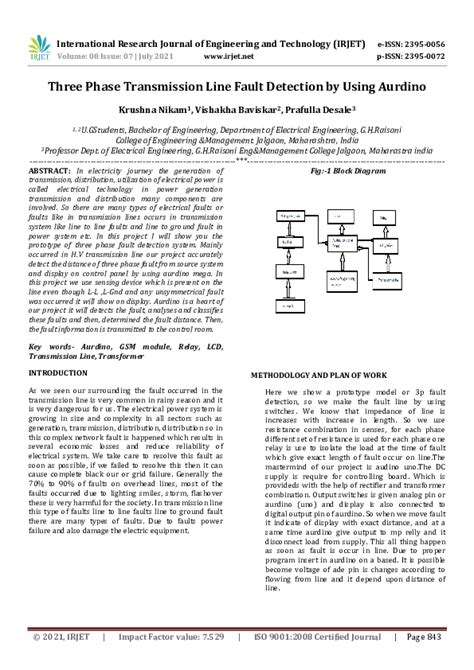 Pdf Irjet Three Phase Transmission Line Fault Detection By Using Aurdino