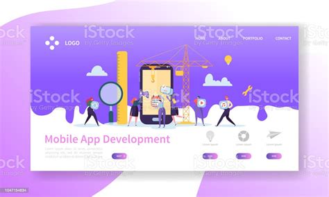 모바일 응용 프로그램 개발 방문 페이지입니다 평면 사람들이 문자 웹사이트 템플릿 코딩 기술입니다 벡터 일러스트 레이 션 개념에 대한 스톡 벡터 아트 및 기타 이미지 Istock