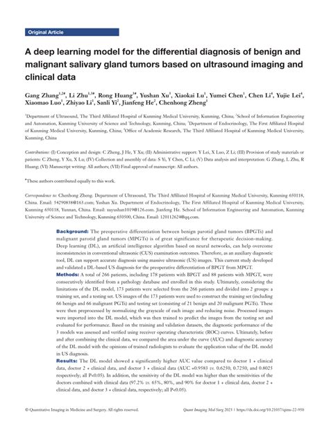 Pdf A Deep Learning Model For The Differential Diagnosis Of Benign And Malignant Salivary