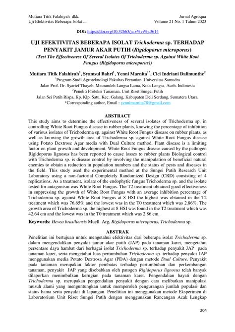 Pdf Test The Effectiveness Of Several Isolates Of Trichoderma Sp Against White Root Fungus