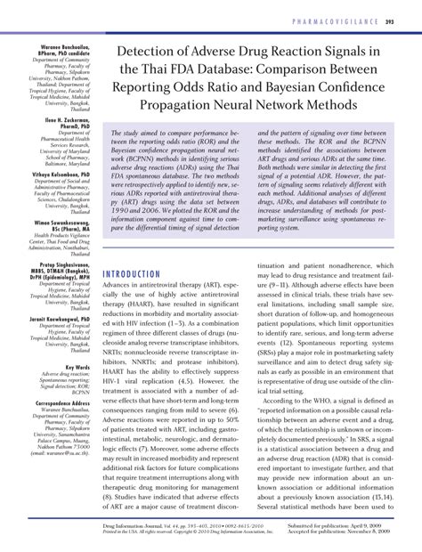 Pdf Detection Of Adverse Drug Reaction Signals In The Thai Fda Database Comparison Between