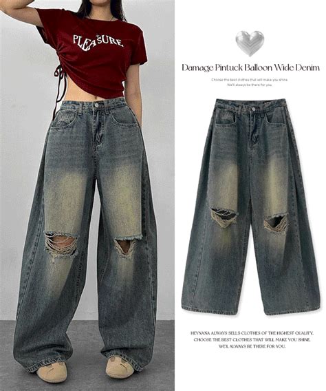 숏롱 무릎구제 벌룬핏옆핀턱 찢청 맥시와이드데님팬츠 데미지핀턱벌룬와이드데님 에이블리
