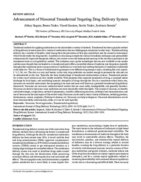 Pdf Advancement Of Niosomal Transdermal Targeting Drug Delivery System Jyotiram Sawale