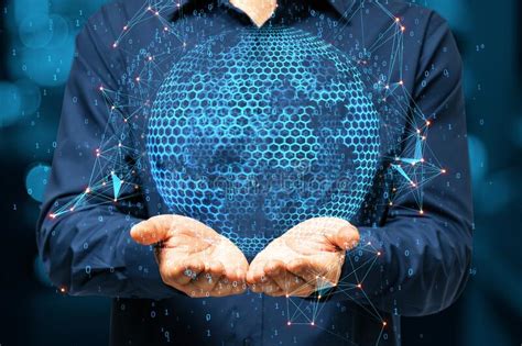Close Up Of Businessman Hands Holding Abstract Globe Sphere With Coding