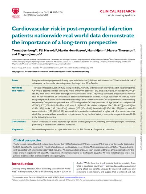 Pdf Cardiovascular Risk In Post Myocardial Infarction Patients