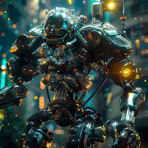 Majestic And Powerful Combat Robot With Gleaming Chrome Chassis And