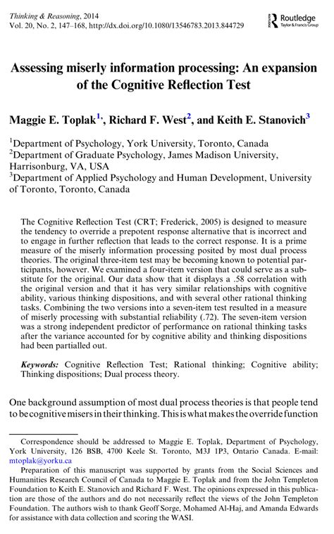 Pdf Assessing Rational Thinking Using An Expansion Of The Cognitive Reflection Test